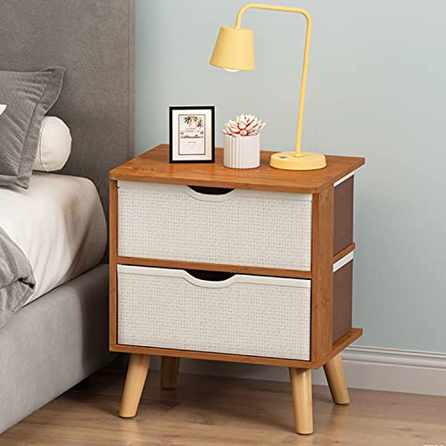 LYCVKI Nightstand Fabrics Side Table with Storage, Bed Side Tables with Solid Wood Feet, Open Storage Shelf for Bedroom, Living Room, Bedroom, Easy Assembly (Brown, 2 Drawers)