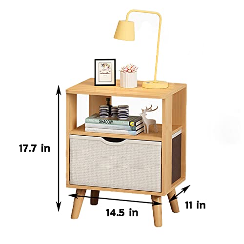 LYCVKI Nightstand Fabrics Side Table with Storage, Bed Side Tables with Solid Wood Feet, Open Storage Shelf for Bedroom, Living Room, Bedroom, Easy Assembly (Brown, 2 Drawers)