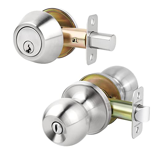 LOQRON Keyless Privacy Ball Door Knob and Single Cylinder Deadbolt Lock Combo Set Security for Front Door Bedroom/Bathroom Satin Nickel Finish