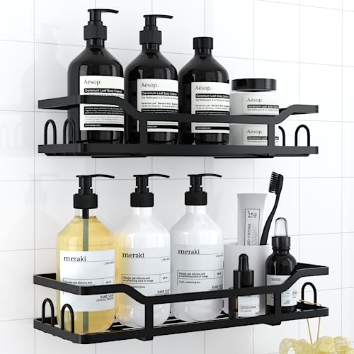 Kitsure Shower Caddy, Max Size - 12.6'' x 4.7'' x 2.4'' No Drilling Shower Organizer with 8 Hooks, Rustproof Stainless Steel Shower Shelf for Inside Shower, Shower Rack for Bathroom, Black - 2 Pack