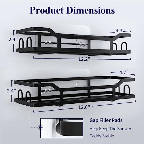 Kitsure Shower Caddy, Max Size - 12.6'' x 4.7'' x 2.4'' No Drilling Shower Organizer with 8 Hooks, Rustproof Stainless Steel Shower Shelf for Inside Shower, Shower Rack for Bathroom, Black - 2 Pack