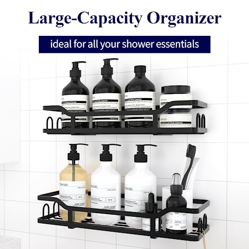 Kitsure Shower Caddy, Max Size - 12.6'' x 4.7'' x 2.4'' No Drilling Shower Organizer with 8 Hooks, Rustproof Stainless Steel Shower Shelf for Inside Shower, Shower Rack for Bathroom, Black - 2 Pack