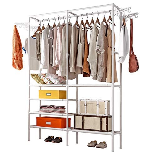 Sasoiky Garment Rack,Shoe Clothing Organizer Shelves,Freestanding Multifunctional Clothes Wardrobe- Closet with Hooks (White)