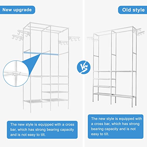 Sasoiky Garment Rack,Shoe Clothing Organizer Shelves,Freestanding Multifunctional Clothes Wardrobe- Closet with Hooks (White)