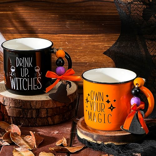 Roshtia 2 Pcs Halloween Mini Coffee Mug with Wood Bead Ornaments Fall Tiered Tray Decoration Witch Ceramic Mini Coffee Cups Halloween Table Centerpieces with Orange Bow for Housewarming Gift