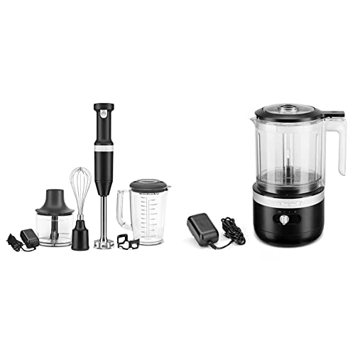 KitchenAid Cordless Variable Speed Hand Blender with Chopper and Whisk Attachment - KHBBV83 & 5 Cup Cordless Food Chopper, Matte Black