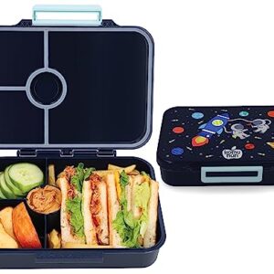 KOMUNURI LeakProof Bento Lunch Box for Kids, 4 or 5 Compartments, Microwave Safe, Dishwasher Safe, BPA Free, Lightweight, Kid Friendly Latch (Deep Blue - Space/Astronaut/Planets)