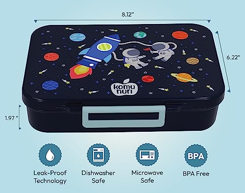 KOMUNURI LeakProof Bento Lunch Box for Kids, 4 or 5 Compartments, Microwave Safe, Dishwasher Safe, BPA Free, Lightweight, Kid Friendly Latch (Deep Blue - Space/Astronaut/Planets)