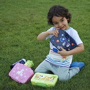 KOMUNURI LeakProof Bento Lunch Box for Kids, 4 or 5 Compartments, Microwave Safe, Dishwasher Safe, BPA Free, Lightweight, Kid Friendly Latch (Deep Blue - Space/Astronaut/Planets)