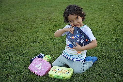 KOMUNURI LeakProof Bento Lunch Box for Kids, 4 or 5 Compartments, Microwave Safe, Dishwasher Safe, BPA Free, Lightweight, Kid Friendly Latch (Deep Blue - Space/Astronaut/Planets)