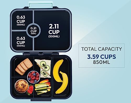 KOMUNURI LeakProof Bento Lunch Box for Kids, 4 or 5 Compartments, Microwave Safe, Dishwasher Safe, BPA Free, Lightweight, Kid Friendly Latch (Deep Blue - Space/Astronaut/Planets)