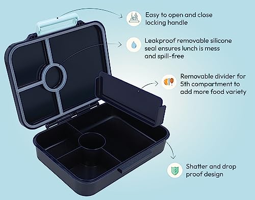 KOMUNURI LeakProof Bento Lunch Box for Kids, 4 or 5 Compartments, Microwave Safe, Dishwasher Safe, BPA Free, Lightweight, Kid Friendly Latch (Deep Blue - Space/Astronaut/Planets)