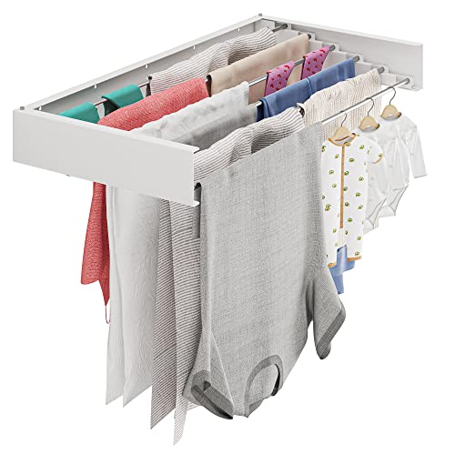 brightmaison BGT 40'' Retractable Clothes Drying Rack Wall Mounted, Space Saver Collapsible Foldable Laundry Drying Rack Wall Mount, Metal, White