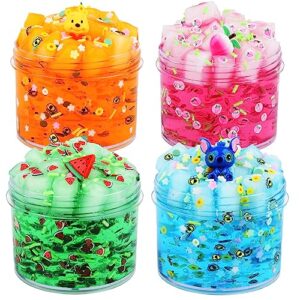 4 packs of jelly cube crystal slime kit, pre-made crisp glue boba slime party gifts for girls and boys, diy kids shimmer clear slime, soft stretch and non-stick soft putty birthday slime toys