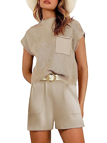 ANRABESS Two 2 Piece Outfits Womens 2023 Spring Summer Romper Matching Sets Lounge Sets Short Sweatsuits Sweat Suits Outfits Cozy Knit Sweater Loungewear Set Clothes 1122kaqi-M