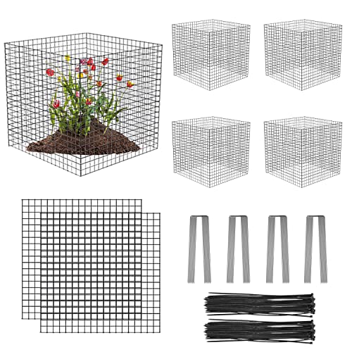 5 Pack Wire Plant Protectors Square Wire Plant Cages Mesh Plant Cage Chicken Wire Cloche with 20 Ground Stakes and 100 Nylon Ties Protect Plants, Garden,Shrubs and Vegetables from Animals, 12x12 inch