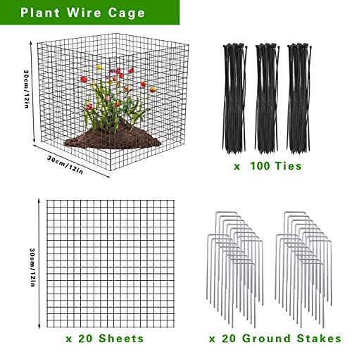 5 Pack Wire Plant Protectors Square Wire Plant Cages Mesh Plant Cage Chicken Wire Cloche with 20 Ground Stakes and 100 Nylon Ties Protect Plants, Garden,Shrubs and Vegetables from Animals, 12x12 inch