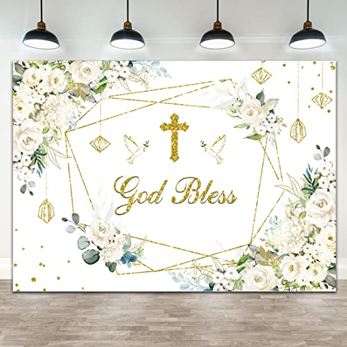 Wollmix 1st First Communion Baptism Decorations Backdrop 7x5ft God Bless Holy Communion Banner Christening Gold Dots White Florals Photography Background Baby Shower Banner Photo Booth Props