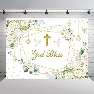 Wollmix 1st First Communion Baptism Decorations Backdrop 7x5ft God Bless Holy Communion Banner Christening Gold Dots White Florals Photography Background Baby Shower Banner Photo Booth Props