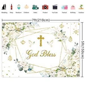 Wollmix 1st First Communion Baptism Decorations Backdrop 7x5ft God Bless Holy Communion Banner Christening Gold Dots White Florals Photography Background Baby Shower Banner Photo Booth Props