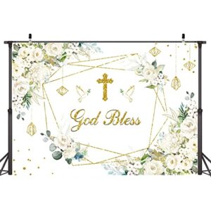 Wollmix 1st First Communion Baptism Decorations Backdrop 7x5ft God Bless Holy Communion Banner Christening Gold Dots White Florals Photography Background Baby Shower Banner Photo Booth Props