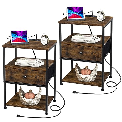 Tantmis Nightstand Set of 2 with Charging Station, Detachable Fabric Drawer, Small End Table with Storage for Small Spaces, Wood Bedside Tables for Living Room, Bedroom, Dorm, Rustic Brown