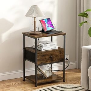 Tantmis Nightstand Set of 2 with Charging Station, Detachable Fabric Drawer, Small End Table with Storage for Small Spaces, Wood Bedside Tables for Living Room, Bedroom, Dorm, Rustic Brown