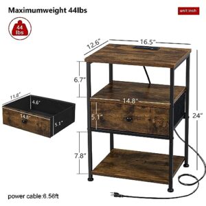 Tantmis Nightstand Set of 2 with Charging Station, Detachable Fabric Drawer, Small End Table with Storage for Small Spaces, Wood Bedside Tables for Living Room, Bedroom, Dorm, Rustic Brown