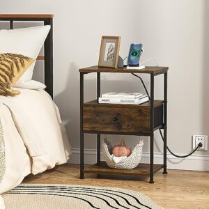 Tantmis Nightstand Set of 2 with Charging Station, Detachable Fabric Drawer, Small End Table with Storage for Small Spaces, Wood Bedside Tables for Living Room, Bedroom, Dorm, Rustic Brown