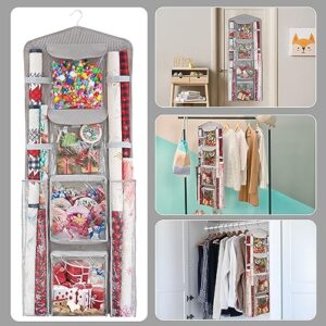 Fixwal Christmas Hanging Gift Wrapping Paper Storage Oxford Double-Sided Hanging Gift Wrap Craft Roll Organizer Storage Pockets Hanging Pantry Organizer (Grey)