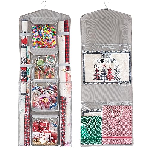 Fixwal Christmas Hanging Gift Wrapping Paper Storage Oxford Double-Sided Hanging Gift Wrap Craft Roll Organizer Storage Pockets Hanging Pantry Organizer (Grey)