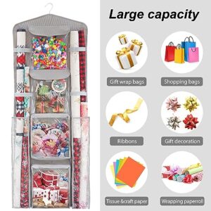 Fixwal Christmas Hanging Gift Wrapping Paper Storage Oxford Double-Sided Hanging Gift Wrap Craft Roll Organizer Storage Pockets Hanging Pantry Organizer (Grey)