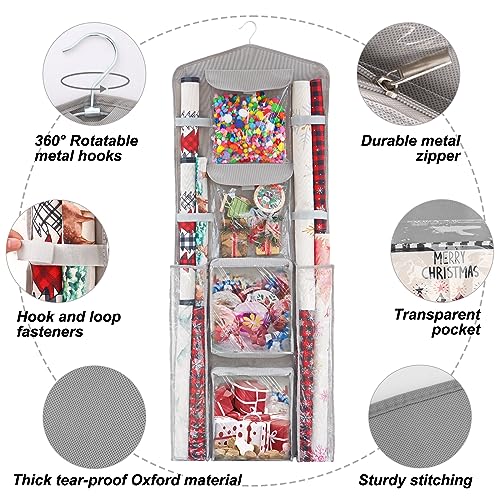 Fixwal Christmas Hanging Gift Wrapping Paper Storage Oxford Double-Sided Hanging Gift Wrap Craft Roll Organizer Storage Pockets Hanging Pantry Organizer (Grey)