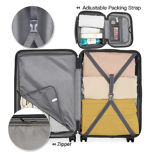 KONO 2 Piece Luggage Sets Lightweight, 20" Carry on Luggage and 12" Mini Cosmetic Cases Hardshell Suitcase Sets, Durable Hardside Suitcase with Spinner Wheels TSA Lock Black