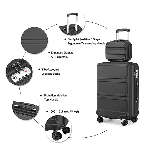 KONO 2 Piece Luggage Sets Lightweight, 20" Carry on Luggage and 12" Mini Cosmetic Cases Hardshell Suitcase Sets, Durable Hardside Suitcase with Spinner Wheels TSA Lock Black