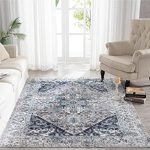 Syalife Washable Rug Vintage Area Rugs, 5'x 7' Living Room Rug with Non Slip Backing, Ultra-Thin Medallion Distressed Non-Shedding Blue Rug, Vintage Floor Mat Indoor Rug (FG12-Blue, 5'x 7')