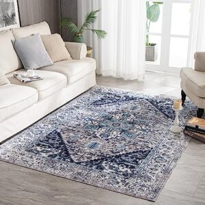 Syalife Washable Rug Vintage Area Rugs, 5'x 7' Living Room Rug with Non Slip Backing, Ultra-Thin Medallion Distressed Non-Shedding Blue Rug, Vintage Floor Mat Indoor Rug (FG12-Blue, 5'x 7')