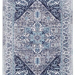 Syalife Washable Rug Vintage Area Rugs, 5'x 7' Living Room Rug with Non Slip Backing, Ultra-Thin Medallion Distressed Non-Shedding Blue Rug, Vintage Floor Mat Indoor Rug (FG12-Blue, 5'x 7')