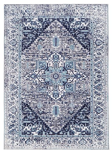 Syalife Washable Rug Vintage Area Rugs, 5'x 7' Living Room Rug with Non Slip Backing, Ultra-Thin Medallion Distressed Non-Shedding Blue Rug, Vintage Floor Mat Indoor Rug (FG12-Blue, 5'x 7')