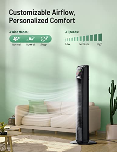 Delvit Tower Fan, Oscillating Quiet Cooling Fan with Remote, Digital Thermostat,12H Timer, 3 Speeds & 4 Modes, Portable Stand Up Floor Bladeless Fan for Bedroom, Living Room, Kitchen, Office