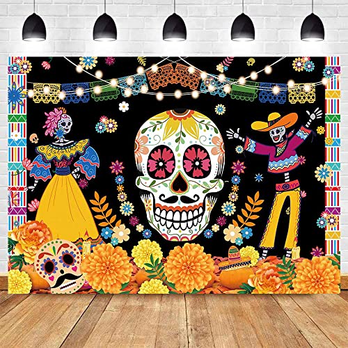 MAQTT 7x5ft Day of Death Backdrop for Mexican Fiesta Party Decoraion Dia DE Los Muertos Flowers and Sugar Skull Photography Backdrops Dress-up Party Supplies