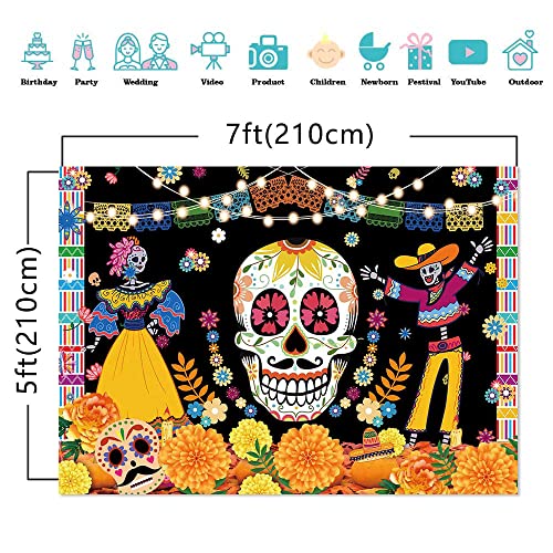 MAQTT 7x5ft Day of Death Backdrop for Mexican Fiesta Party Decoraion Dia DE Los Muertos Flowers and Sugar Skull Photography Backdrops Dress-up Party Supplies