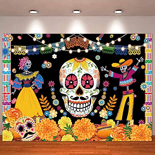 MAQTT 7x5ft Day of Death Backdrop for Mexican Fiesta Party Decoraion Dia DE Los Muertos Flowers and Sugar Skull Photography Backdrops Dress-up Party Supplies