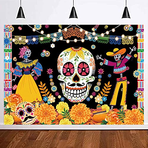 MAQTT 7x5ft Day of Death Backdrop for Mexican Fiesta Party Decoraion Dia DE Los Muertos Flowers and Sugar Skull Photography Backdrops Dress-up Party Supplies