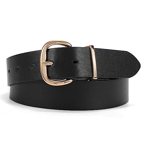 JASGOOD Women Black Pu Leather Belt for Jeans Pants Gold Buckle Lady Fashion Dress Waist Belt(Black,Fit Waist Size 26-30inch)