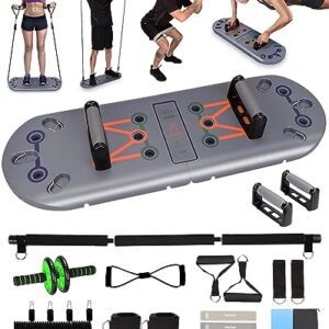 Hikeen Home Workout Equipment to Help Achieve Fitness Goals, 27-in-1 Portable Gym Exercise Equipment with Compact Push-Up Board, Resistance Bands, Ab Roller Wheel, and Pilates Bar, Master Your Workout