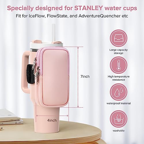 Water Bottle Pouch For Stanley Cup 40oz 30oz, Running Water Bottle Bag for Cards, Keys, Phone, Gym Accessories For Men Women, Travel Tumbler Mug Pouch Compatible With Stanley, Simple Modern(Pink)