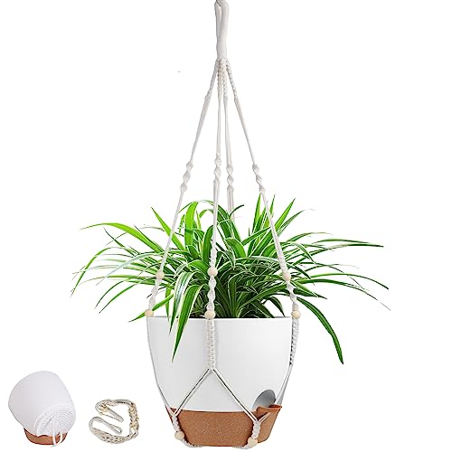 Vanslogreen 41.5 Inch Macrame Plant Hanger Indoor Outdoor with 12 Inch Flower Pot, Hanging Planter for Plants Holder with Wood Beads for Boho Home Decor (Ivory+White)