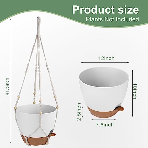 Vanslogreen 41.5 Inch Macrame Plant Hanger Indoor Outdoor with 12 Inch Flower Pot, Hanging Planter for Plants Holder with Wood Beads for Boho Home Decor (Ivory+White)