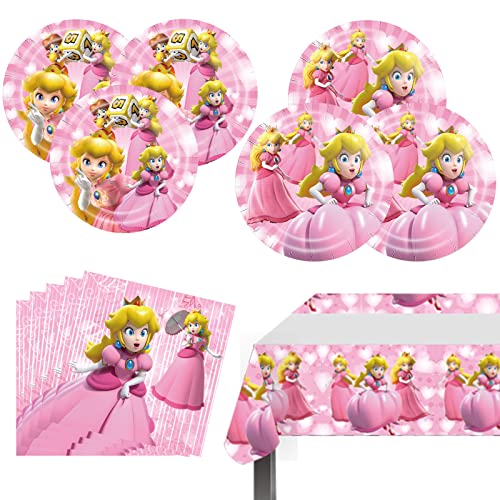 Princess Peach Party Supplies,Girls Birthday Table Plates and Napkins Tablecloth Cover Centerpiece Mario Theme Decoration